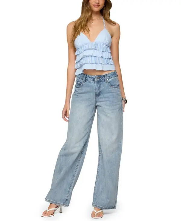 EDIKTED Tiered Ruffle Backless Striped Halter Top - Blue/white