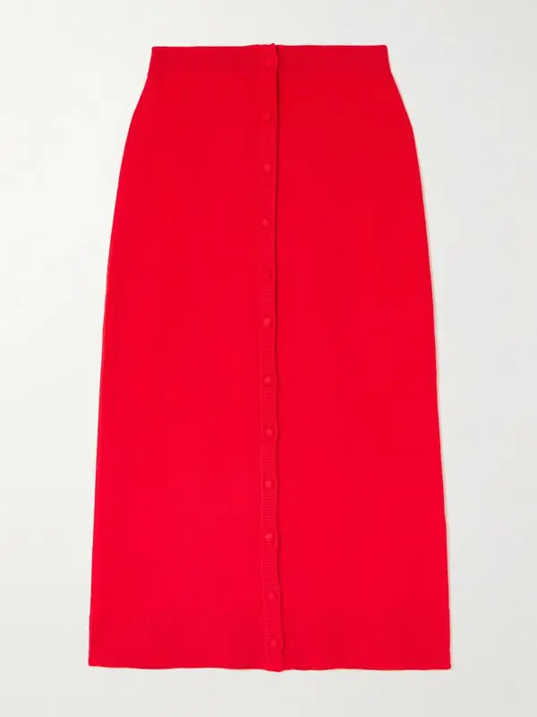 Victoria Beckham Ribbed Merino Wool-blend Midi Skirt - Red