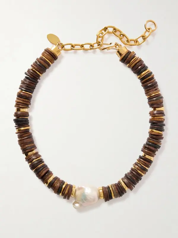 LIZZIE FORTUNATO Gold-plated Bone And Pearl Necklace - Brown