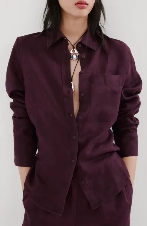 Mango Linen Button-up Shirt - Plum