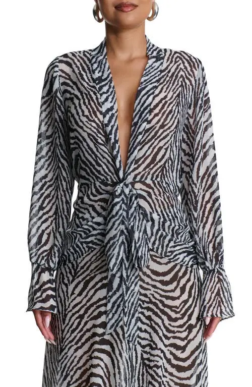 Naked Wardrobe Plunge Tie-front Chiffon Top - Zebra White/black