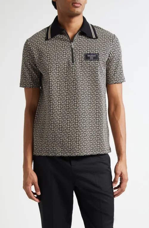 Balmain Couture Label Monogram Jacquard Half Zip Polo - Gfe Ivory/black
