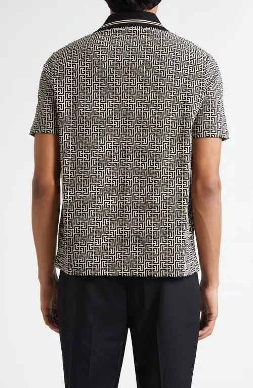 Balmain Couture Label Monogram Jacquard Half Zip Polo - Gfe Ivory/black