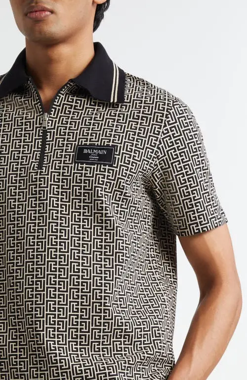 Balmain Couture Label Monogram Jacquard Half Zip Polo - Gfe Ivory/black