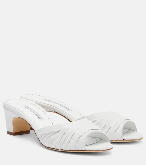 Manolo Blahnik Piruabar 50 Ruched Leather Mules - White
