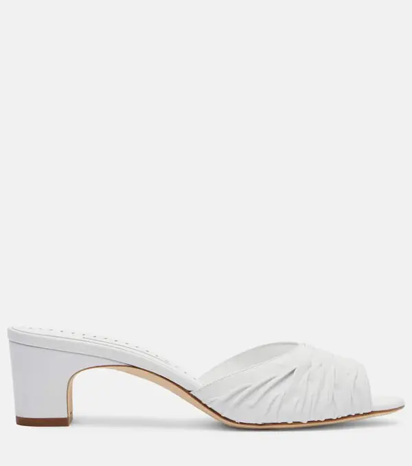 Manolo Blahnik Piruabar 50 Ruched Leather Mules - White