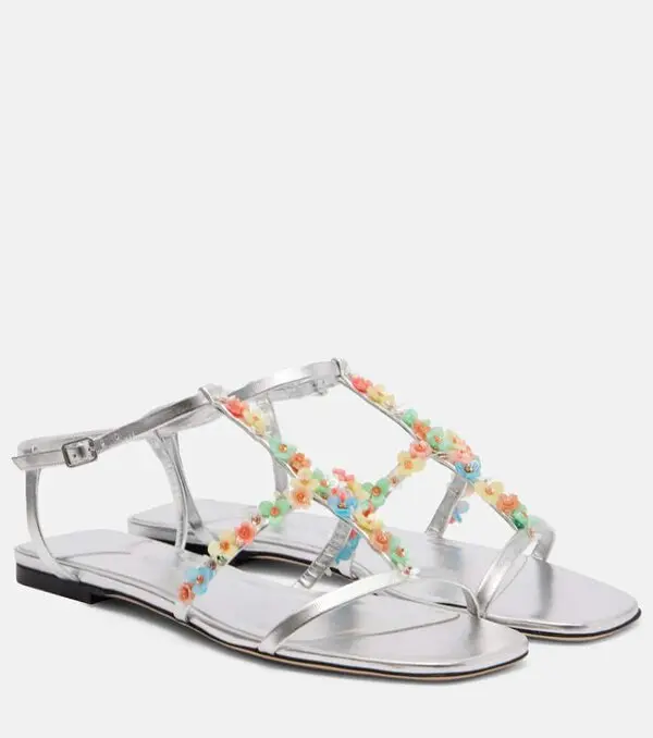 JIMMY CHOO Gwyn Floral-appliqué Leather Sandals - Silver