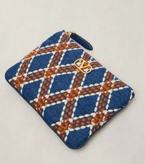 Valentino Garavani Quiltie 67 Embroidered Denim Pouch