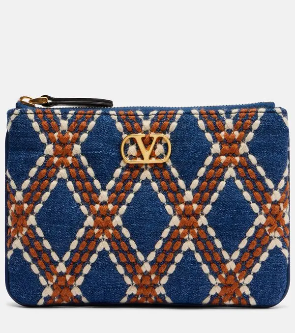 Valentino Garavani Quiltie 67 Embroidered Denim Pouch - Blue