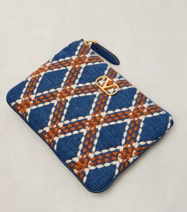 Valentino Garavani Quiltie 67 Embroidered Denim Pouch