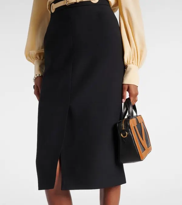Valentino Garavani Belted Wool And Silk Midi Skirt - Black