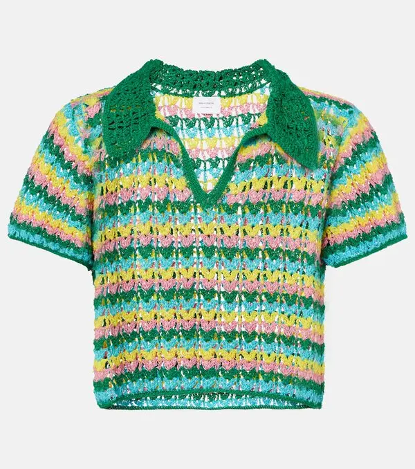 Anna Kosturova Striped Crochet Polo Shirt - Green