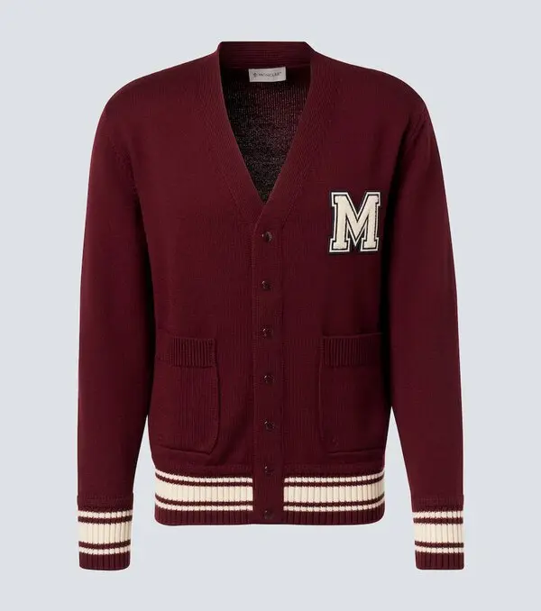 Moncler Patch-appliqué Wool Cardigan - Burgundy