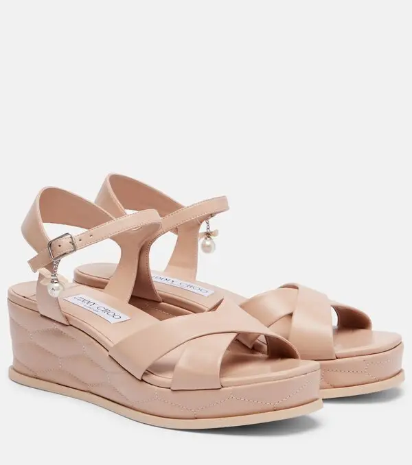 JIMMY CHOO Astra 60 Leather Wedge Sandals - Pink