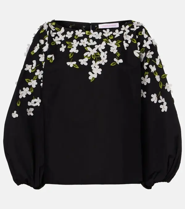 Carolina Herrera Floral-appliqué Cotton-blend Top - Black
