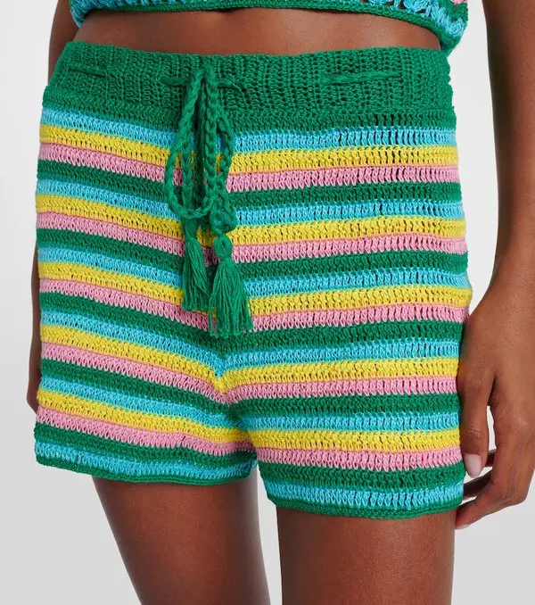 Anna Kosturova Striped Crochet Cotton Shorts - Green