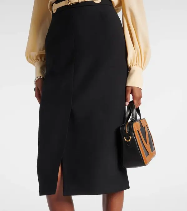 Valentino Garavani Belted Wool And Silk Midi Skirt - Black