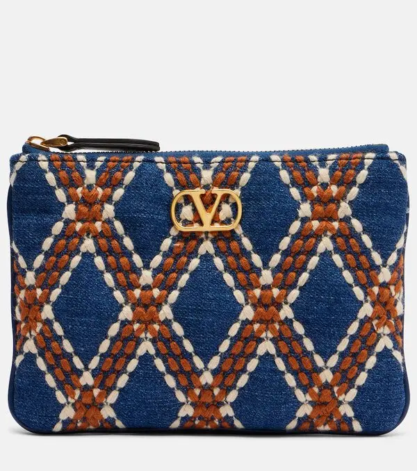 Valentino Garavani Quiltie 67 Embroidered Denim Pouch - Blue