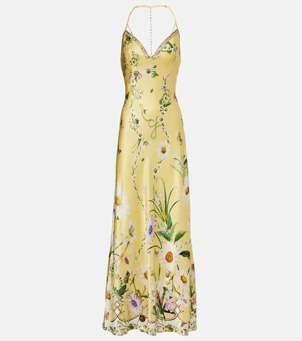 Camilla Floral Silk Satin Charmeuse Midi Dress - Yellow