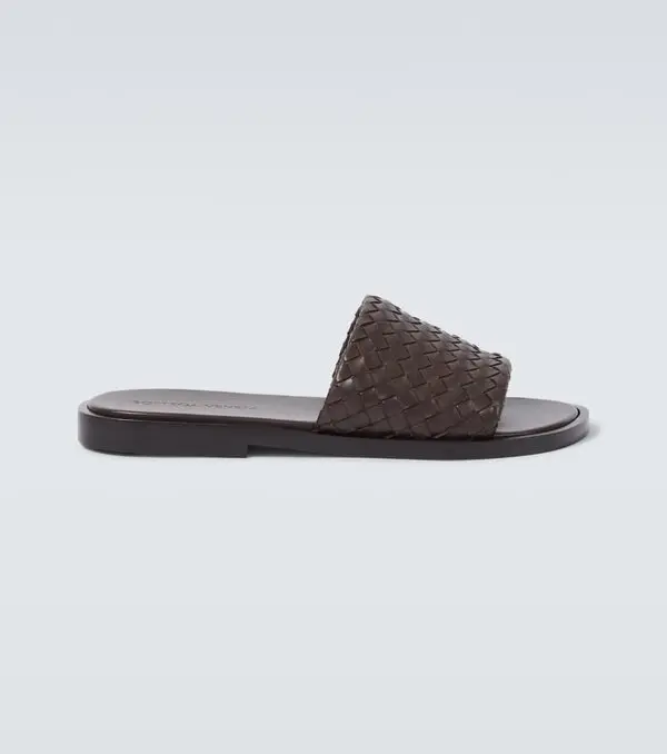 Bottega Veneta Elio Intrecciato Leather Slides - Brown