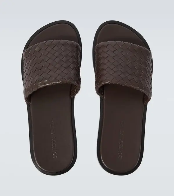 Bottega Veneta Elio Intrecciato Leather Slides - Brown