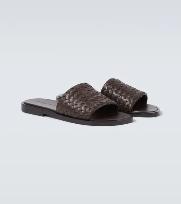 Bottega Veneta Elio Intrecciato Leather Slides - Brown