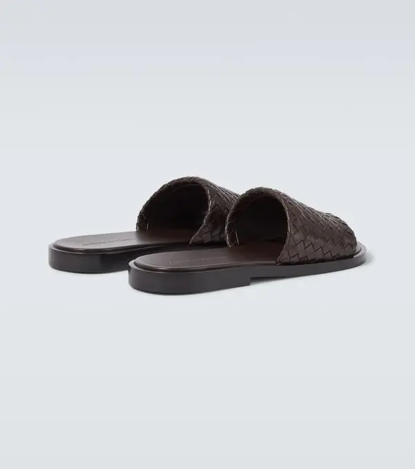 Bottega Veneta Elio Intrecciato Leather Slides - Brown
