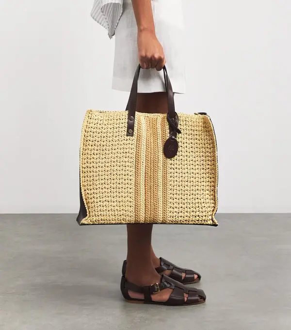 Eleventy Raffia And Leather Tote Bag
