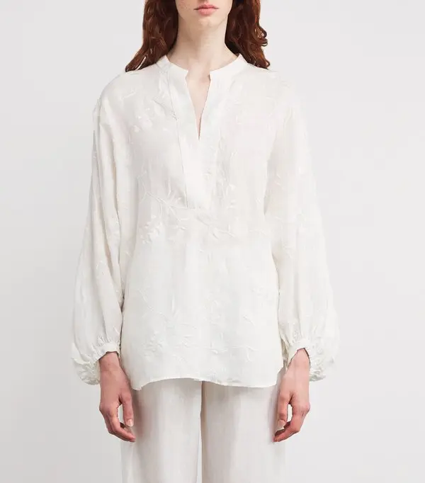 Eleventy Floral Embroidered Linen Blouse