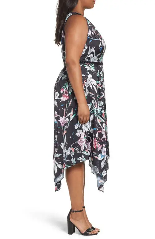 Adrianna Papell Printed Satin Chiffon Handkerchief Dress