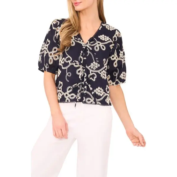 CECE DUPRAZ Embroidered Puff Sleeve Cotton Top - Night Shade