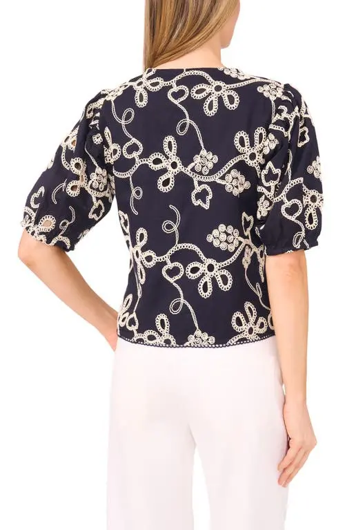 CECE DUPRAZ Embroidered Puff Sleeve Cotton Top - Night Shade
