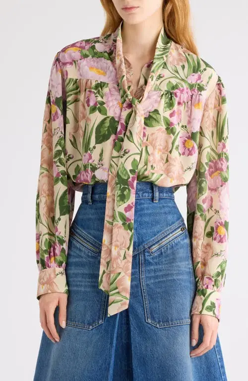 Chloé Floral Print Silk Charmeuse Top - Macadamia Brown