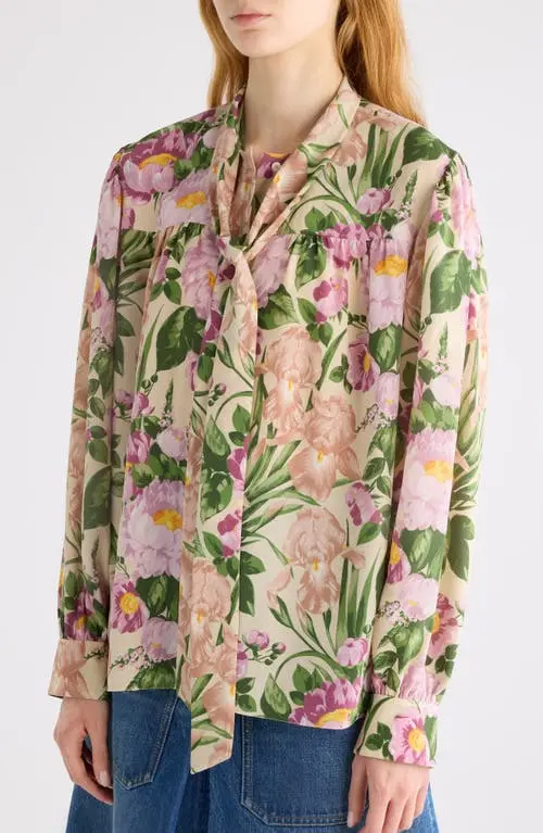 Chloé Floral Print Silk Charmeuse Top - Macadamia Brown