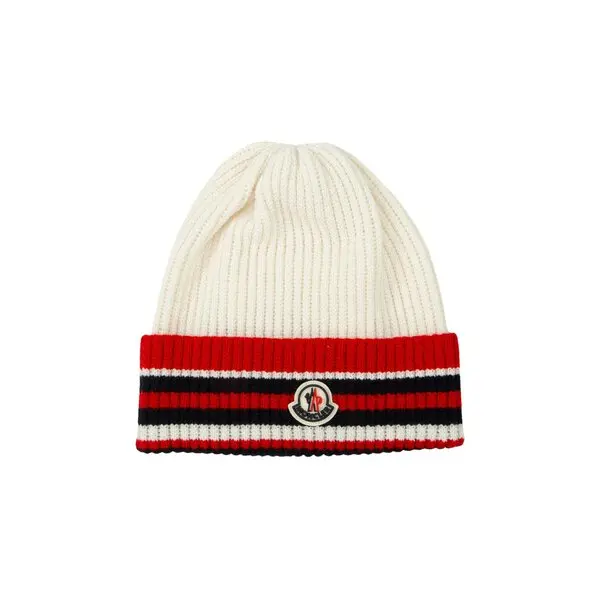 Moncler Striped Logo Beanie - White