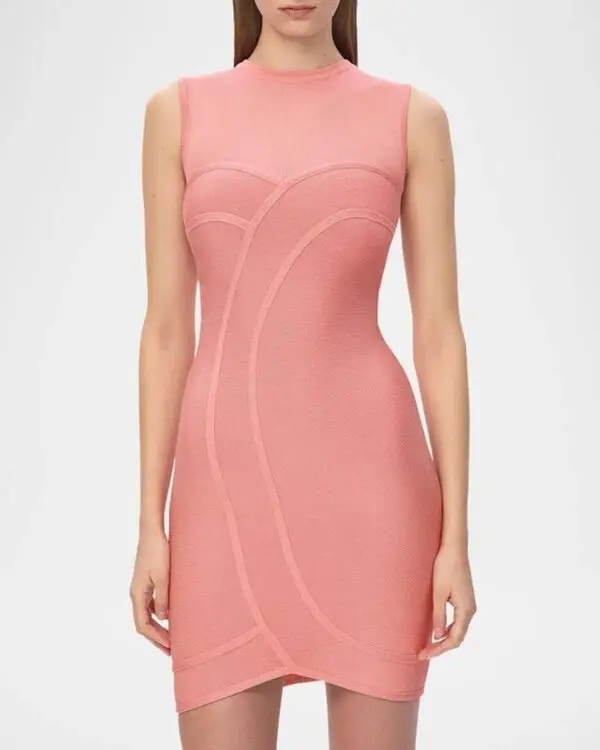 Herve Leger The Helena Rib Knit Bodycon Mini Dress - Peach