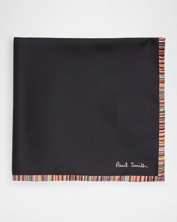 Paul Smith Apos;s Signature Stripe Trim Silk Pocket Square - Black