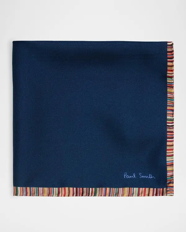 Paul Smith Apos;s Signature Stripe Trim Silk Pocket Square - Navy