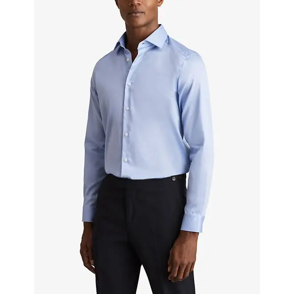REISS Remote Slim-fit Long-sleeve Cotton Shirt - Mid Blue