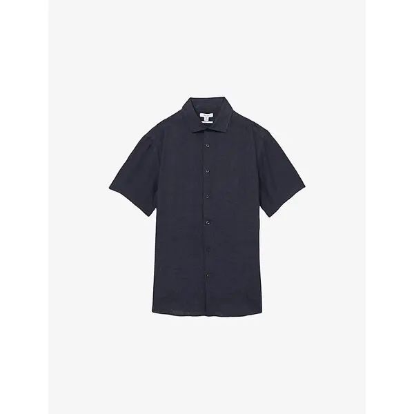 REISS Holiday Square-collar Short-sleeve Linen Shirt - Navy