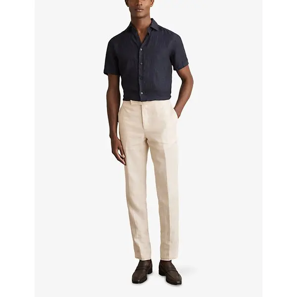 REISS Holiday Square-collar Short-sleeve Linen Shirt - Navy