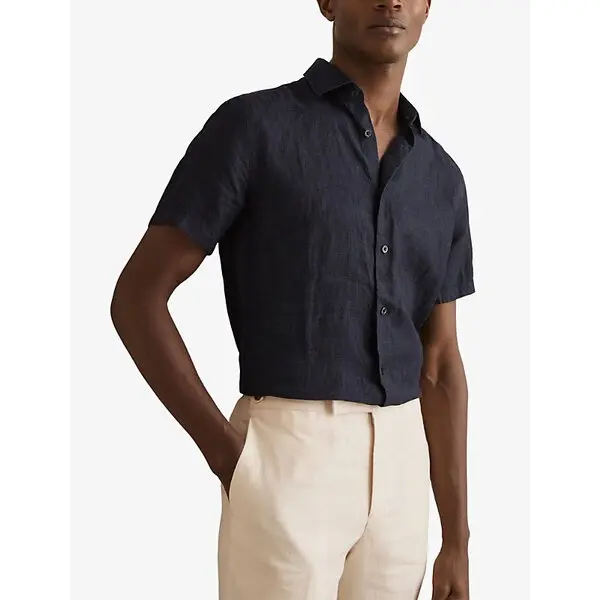 REISS Holiday Square-collar Short-sleeve Linen Shirt - Navy