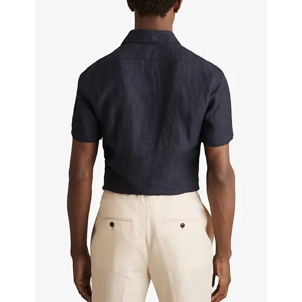 REISS Holiday Square-collar Short-sleeve Linen Shirt - Navy