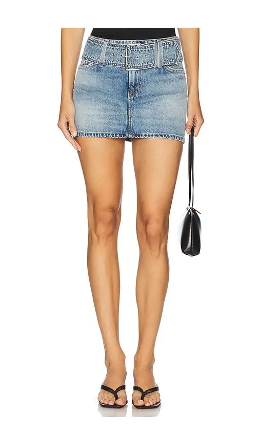 GRLFRND Belted Mini Skirt In Faded Denim