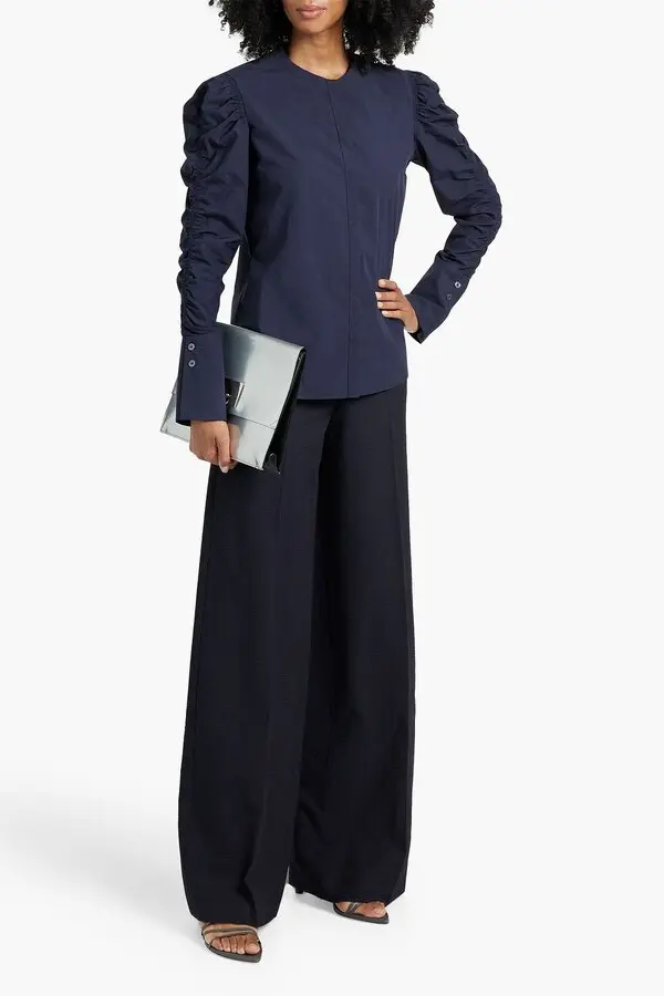 Another Tomorrow Shirred Cotton-poplin Blouse - Navy