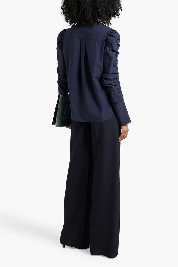 Another Tomorrow Shirred Cotton-poplin Blouse - Navy