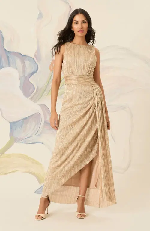 maggy london gold dress Isadora Velvet Drape Midi with Gold Accent Sheath