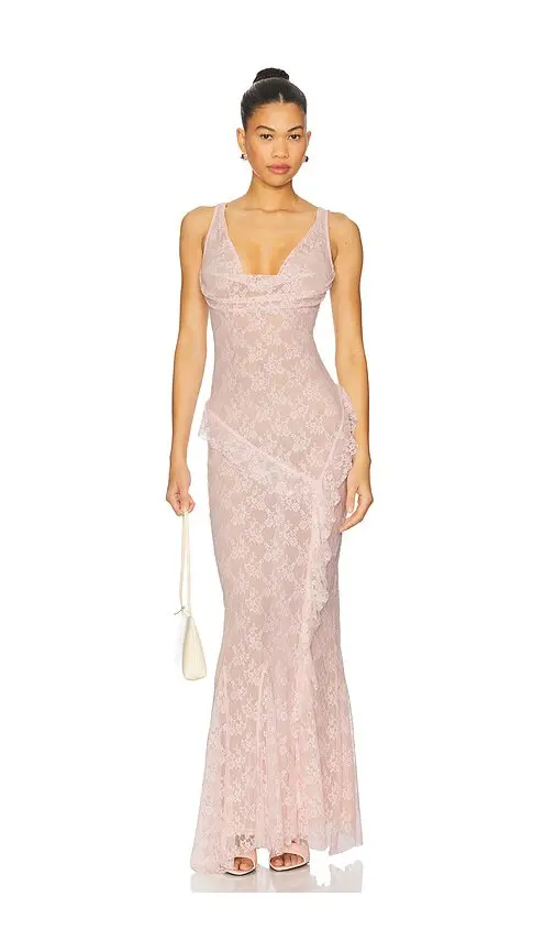 beads and lace dresses Beaded Lace Gown with Corset Bodice and Draped Train – Think Bridal main image 1
