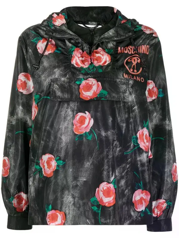 Moschino Rose Pattern Hooded Windbreaker - Black