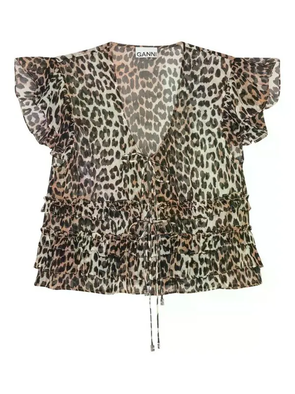 GANNI Leopard-print Ruffled Blouse
